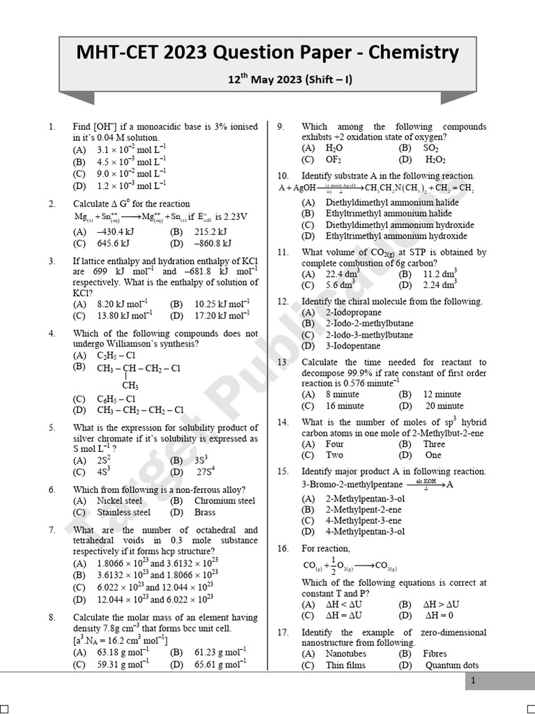 MHT-CET 2023 Question Paper - Chemistry - 6474962a15ab0 | PDF | Mole ...