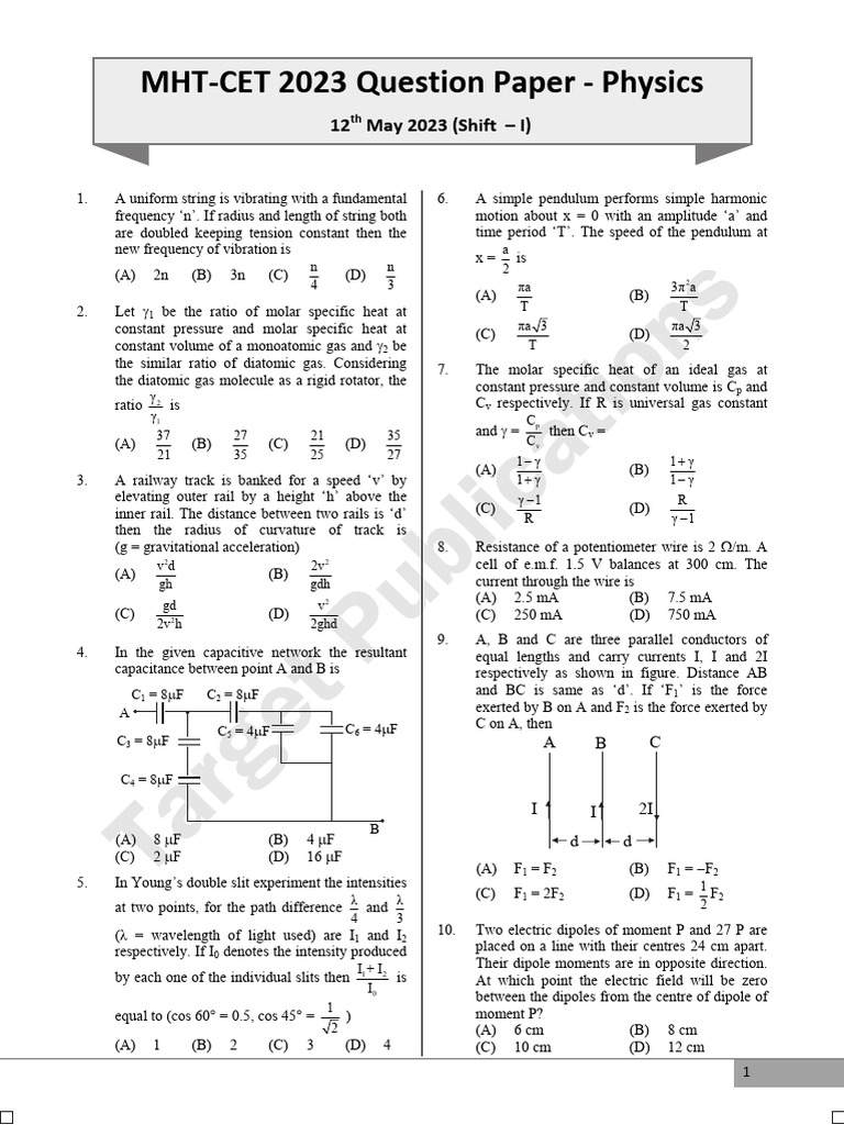 MHT-CET 2023 Question Paper - Physics - 64ad2412f2e0c | Download Free PDF | Gases | Wavelength