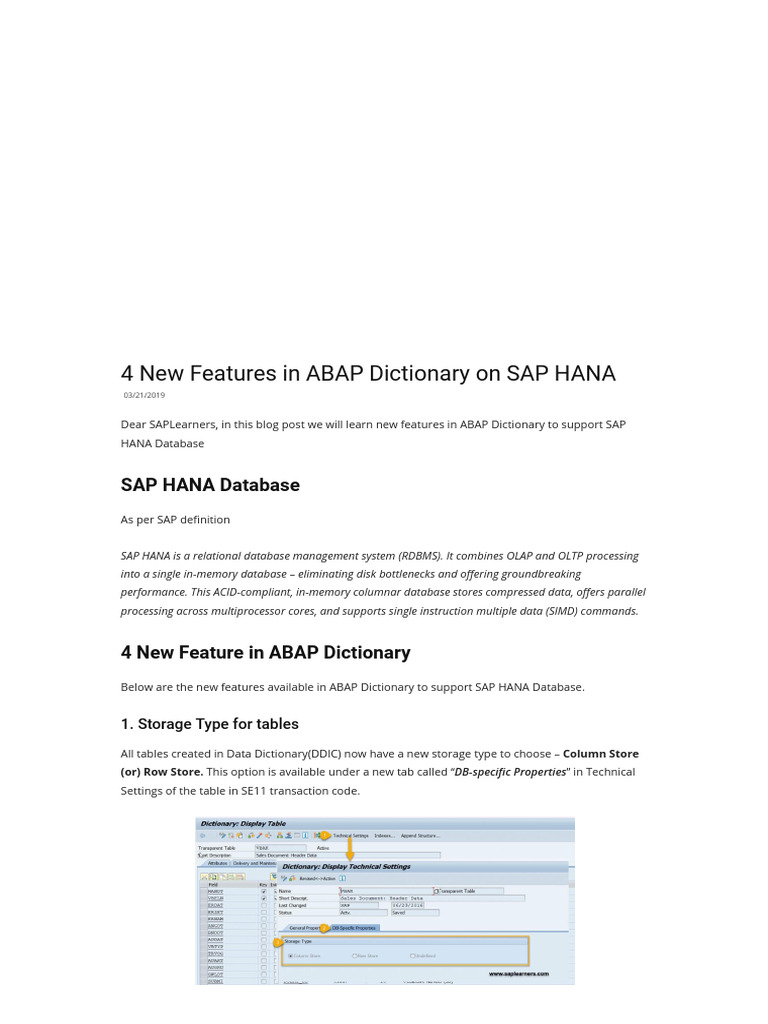 4 New Features in ABAP Dictionary On SAP HANA | PDF | Database Index | Databases