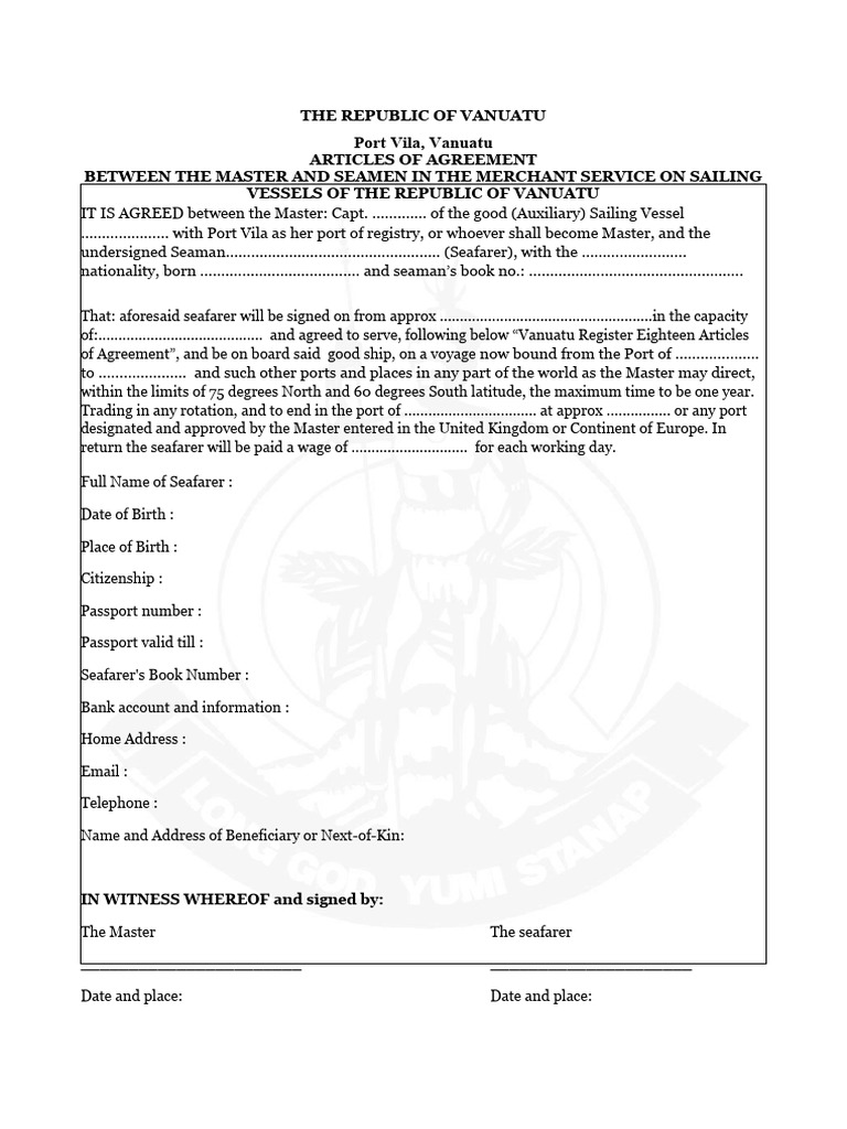 Blank Vanuatu Seafarer Contract | PDF | Sailor | Ships