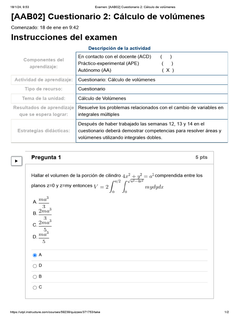 Examen - (AAB02) Cuestionario 2 - Cálculo de Volúmenes | PDF