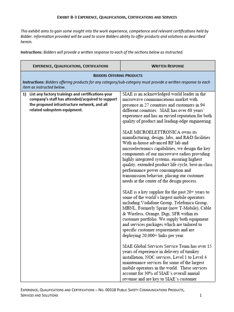 AMD4-Exhibit B3-Experience - SIAE | PDF | Technical Support | Microwave