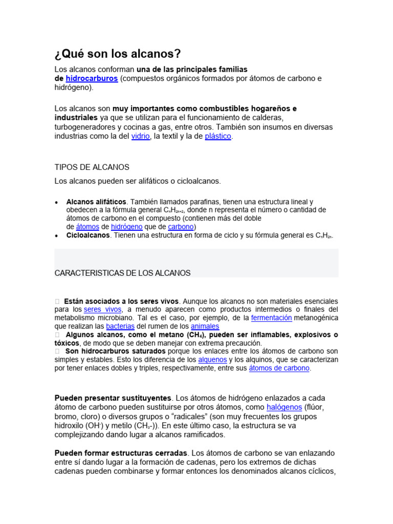 Caracterisitcas de Los Alcanos QUIMICA GRADO 11 | PDF | Alcano | Hidrocarburos