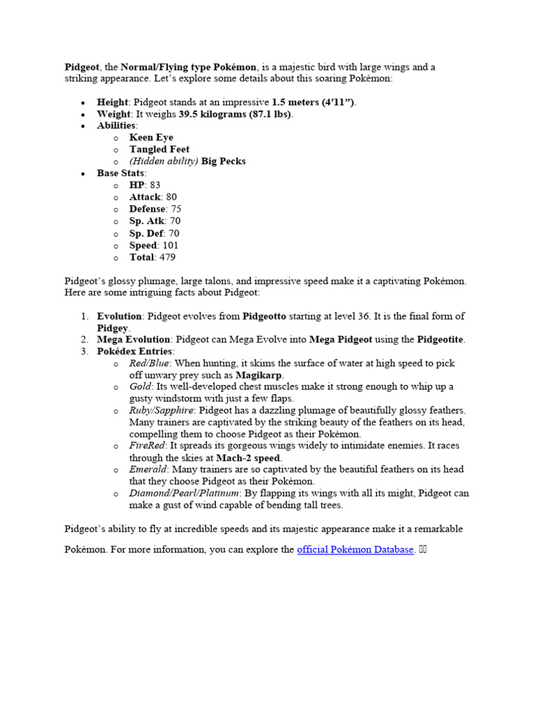 Pidgeot: Majestic Flying Pokémon | PDF
