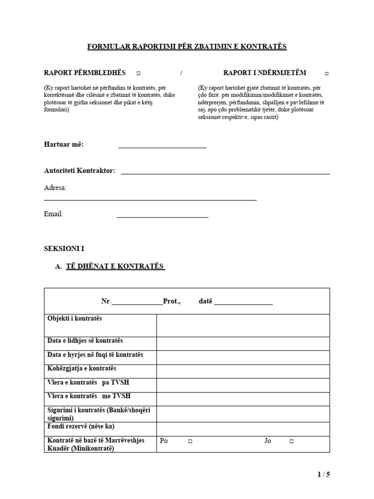 Formular Raportimi Per Zbatimin e Kontrates | PDF