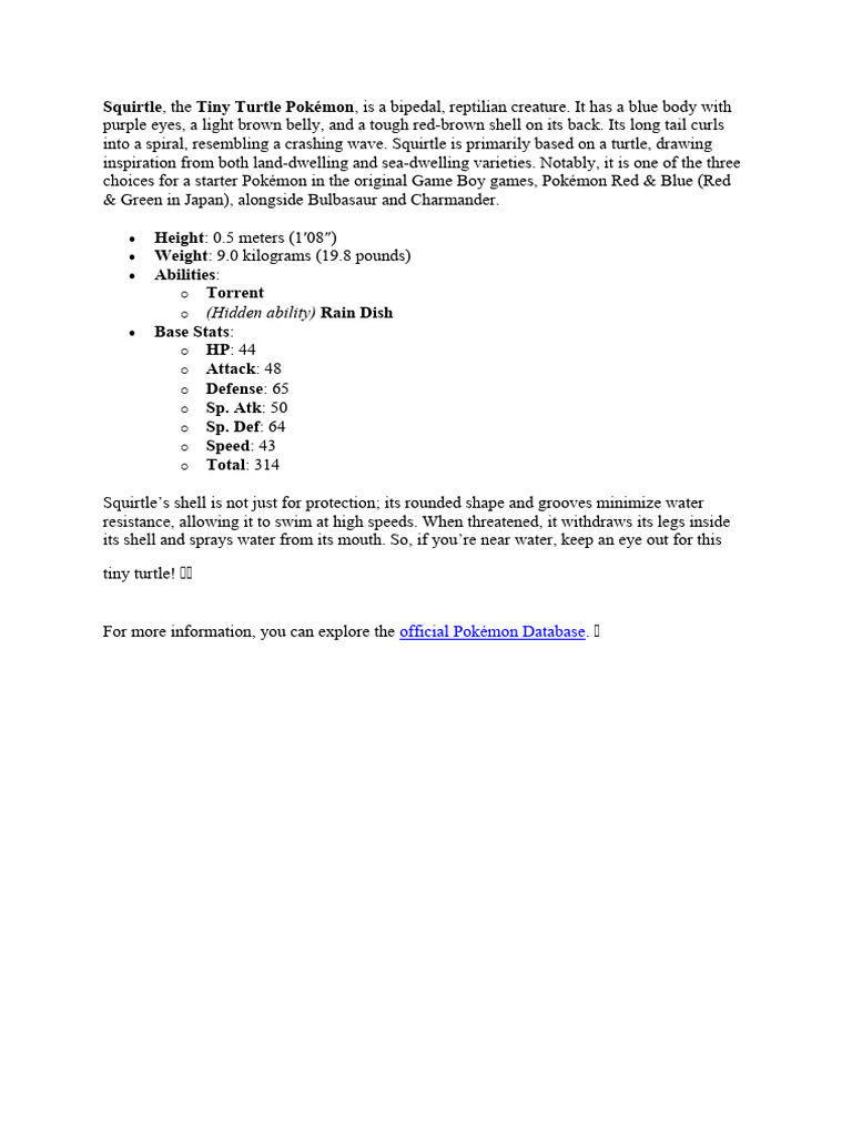 Squirtle: Tiny Turtle Pokémon Guide | PDF