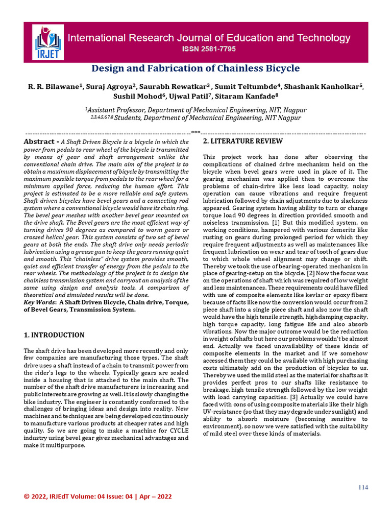 Design and Fabrication of Chainless Bicycle | PDF | Gear | Axle