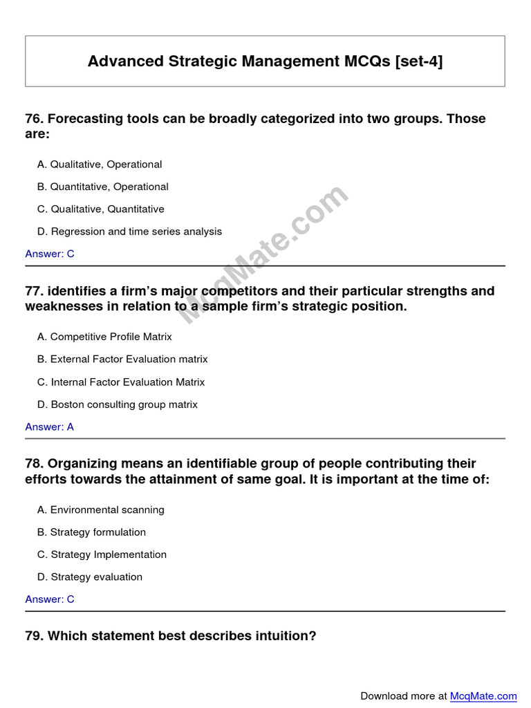 Advanced-Strategic-Management Solved MCQs (Set-4) McqMate - Com-3 | PDF | Strategic Management ...