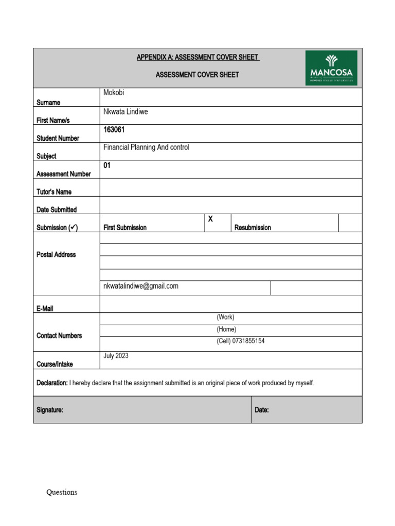 Financial Planning Assessment Cover Sheet | PDF | Net Present Value ...