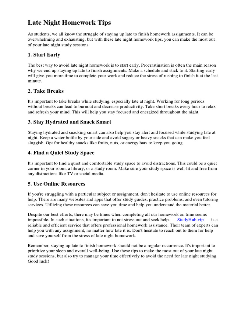 Late Night Homework Tips | PDF | Homework | Sleep