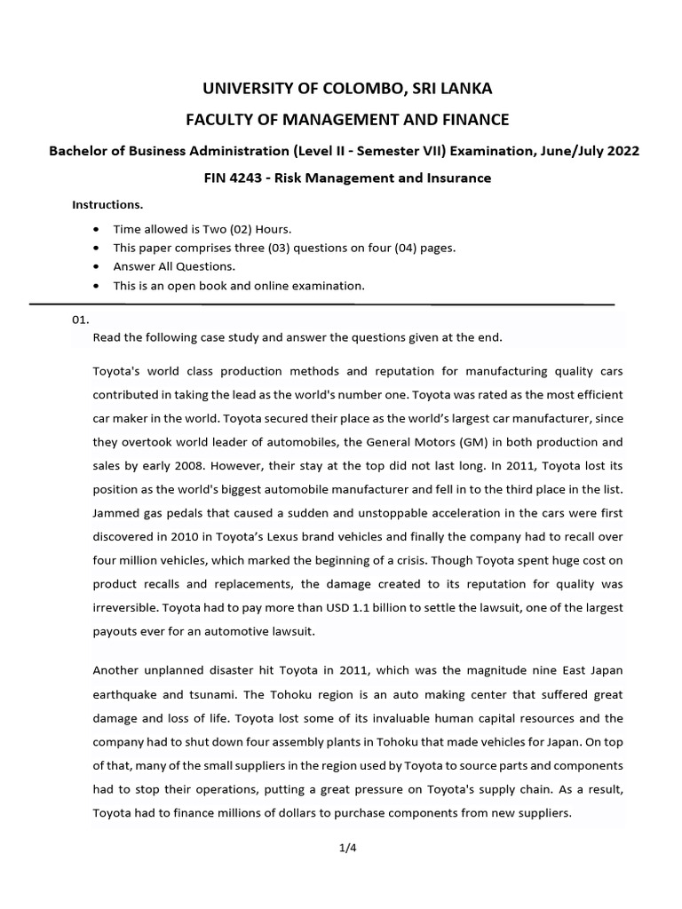 Risk Management and Insurance | PDF | Toyota | Risk