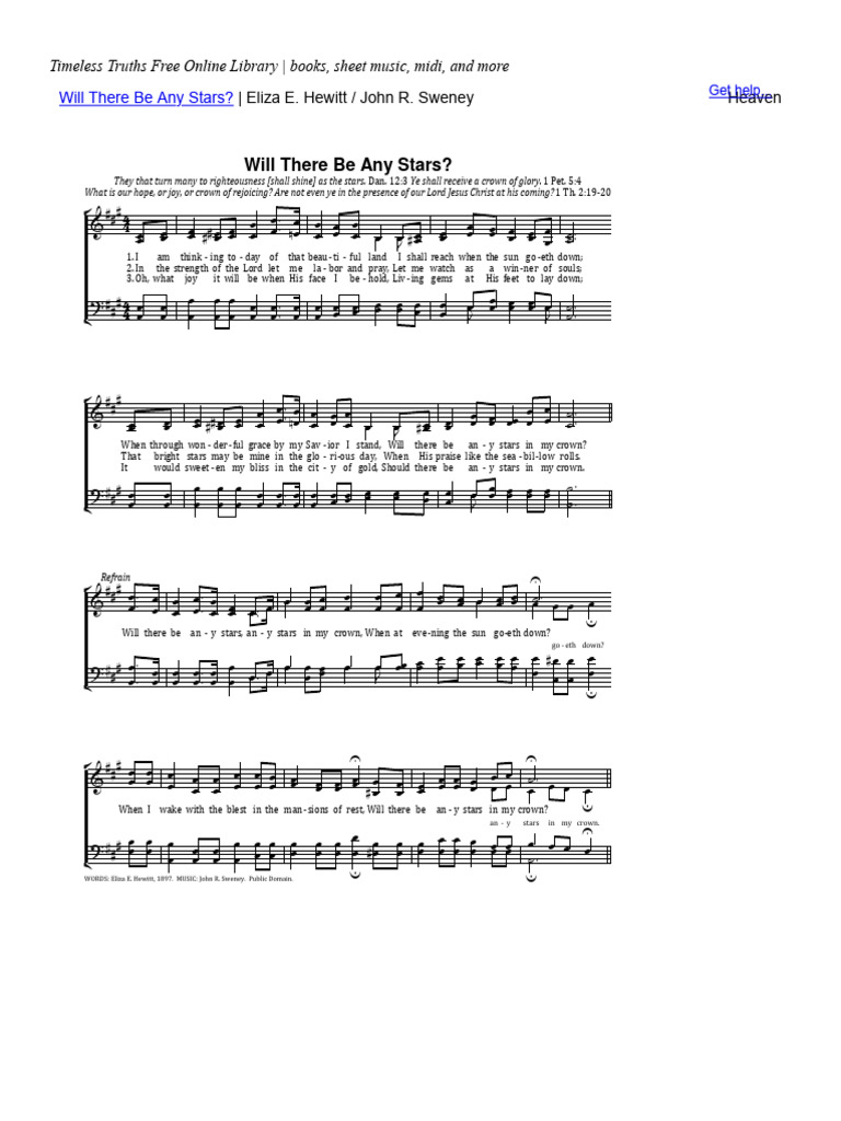 Will There Be Any Stars? Score Sheet Music - Eliza E. Hewitt - John R ...