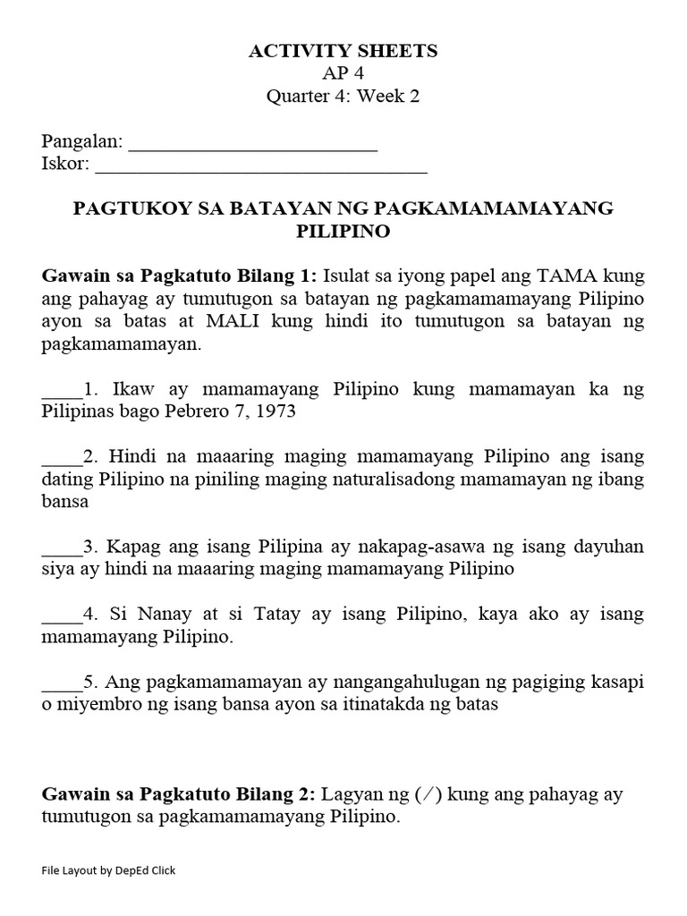 AP 4 Activity Sheet Q4 W1 | PDF