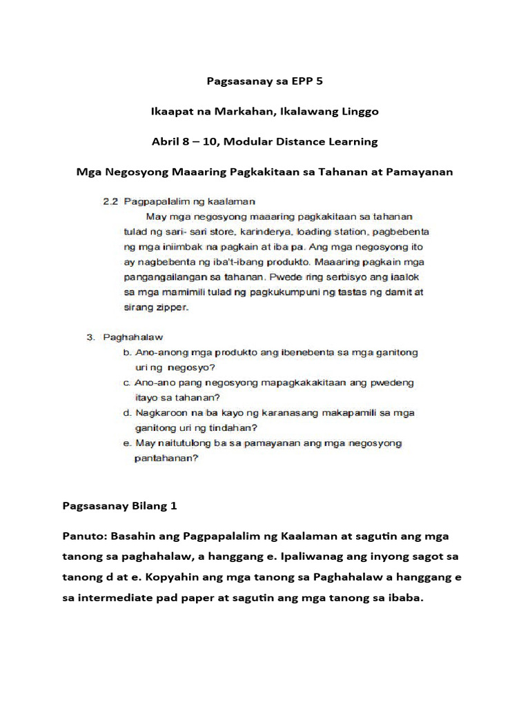 Pagsasanay sa ESP 5 q4 week 1-2 | PDF