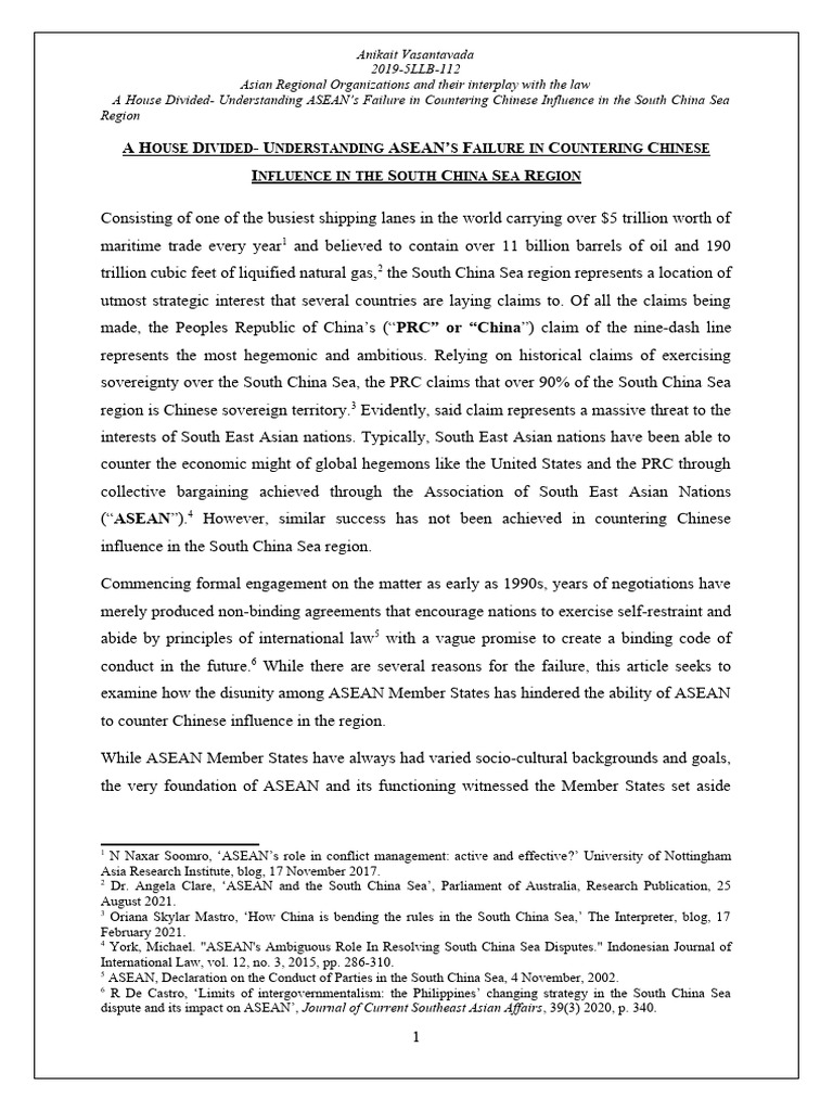 ASEAN Article - Anikait Vasantavada, 2019-5LLB-112 | PDF | South China Sea | China