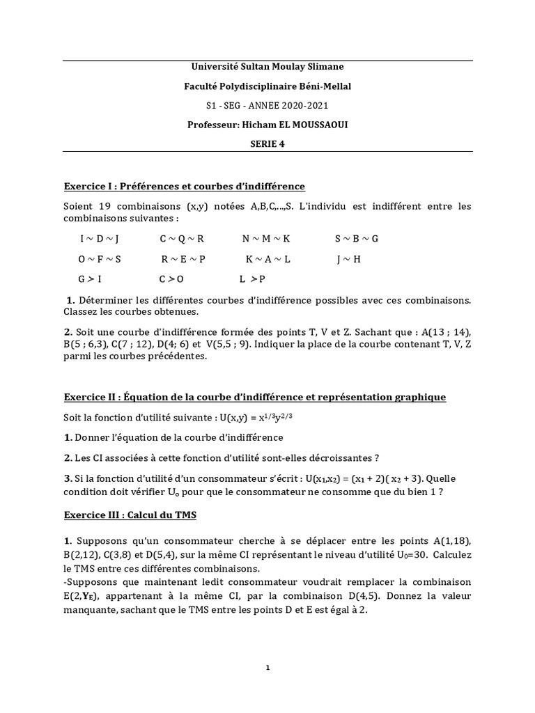 Exercices sur les courbes d'indifférence et TMS | PDF | Utilité ...