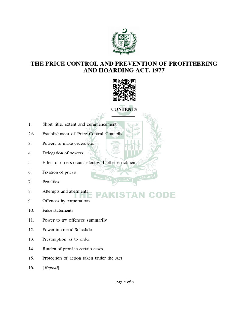Price Control and Prevention of Profiteering and Hoarding Act, 1977 ...