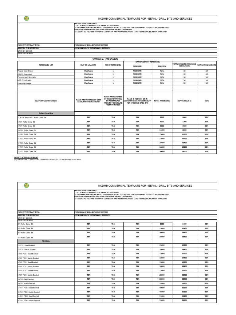 EEPNL Drill Bits and Services - ITT Part 3 Attach 2 - NCDMB Commercial ...