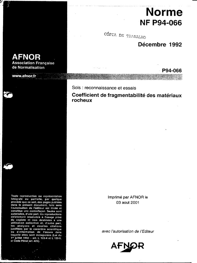 NF P 94-066 1992 Coefficient de Fragmentabilité Des Matériaux Rocheux | PDF