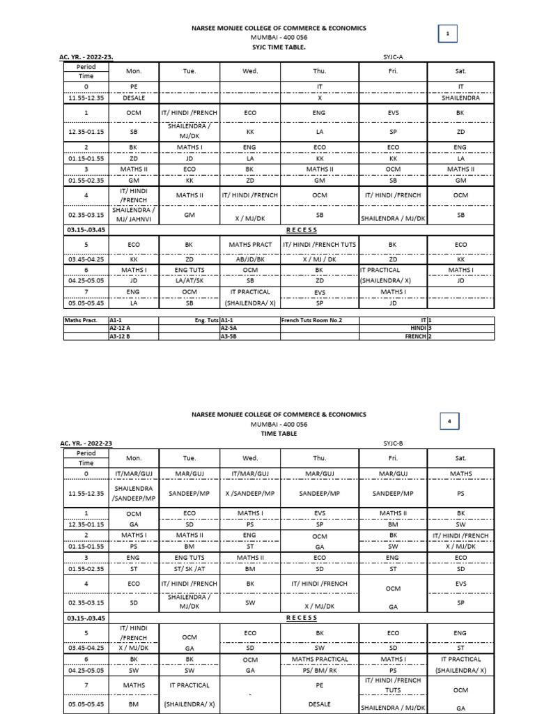 SYJC Time Table 2022-23 - Narsee Monjee | PDF