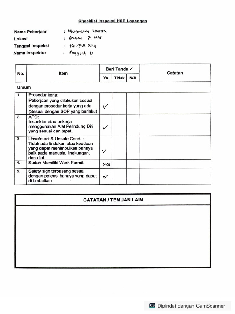Checklist Inspeksi HSE Lapangan (Juli) | PDF