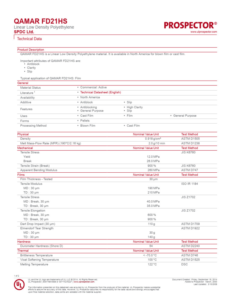 Lldpe HD21HS Qamar SPDC Specs | PDF | Ultimate Tensile Strength | Hardness