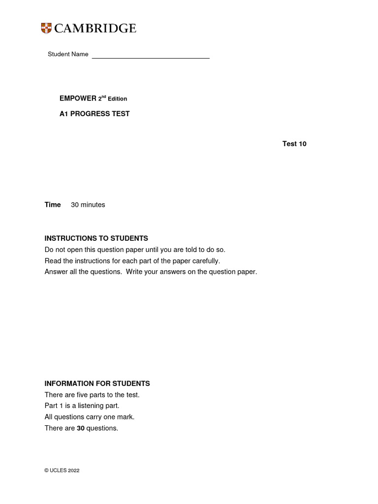 A1 English Progress Test 10 PDF | PDF