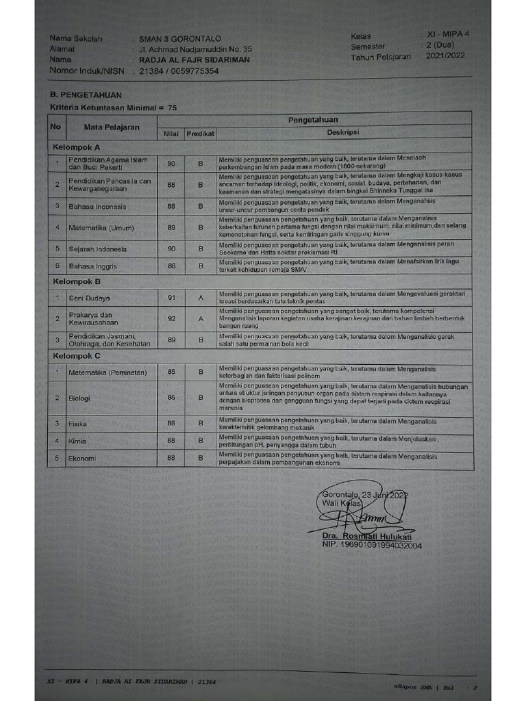 Raport Semester 4 Radja Al Fajr | PDF