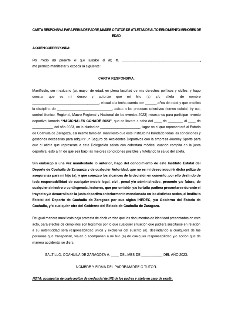 Carta Responsiva NC2023 Menores de Edad | PDF