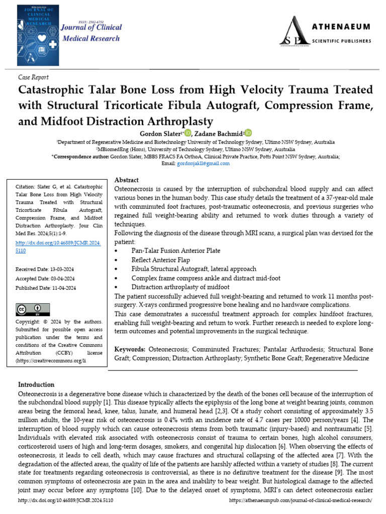 Catastrophic Talar Bone Loss From High Velocity Trauma Treated With ...