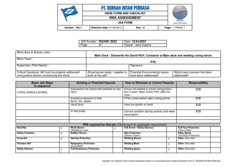 JSA Hot Work | PDF | Personal Protective Equipment | Safety