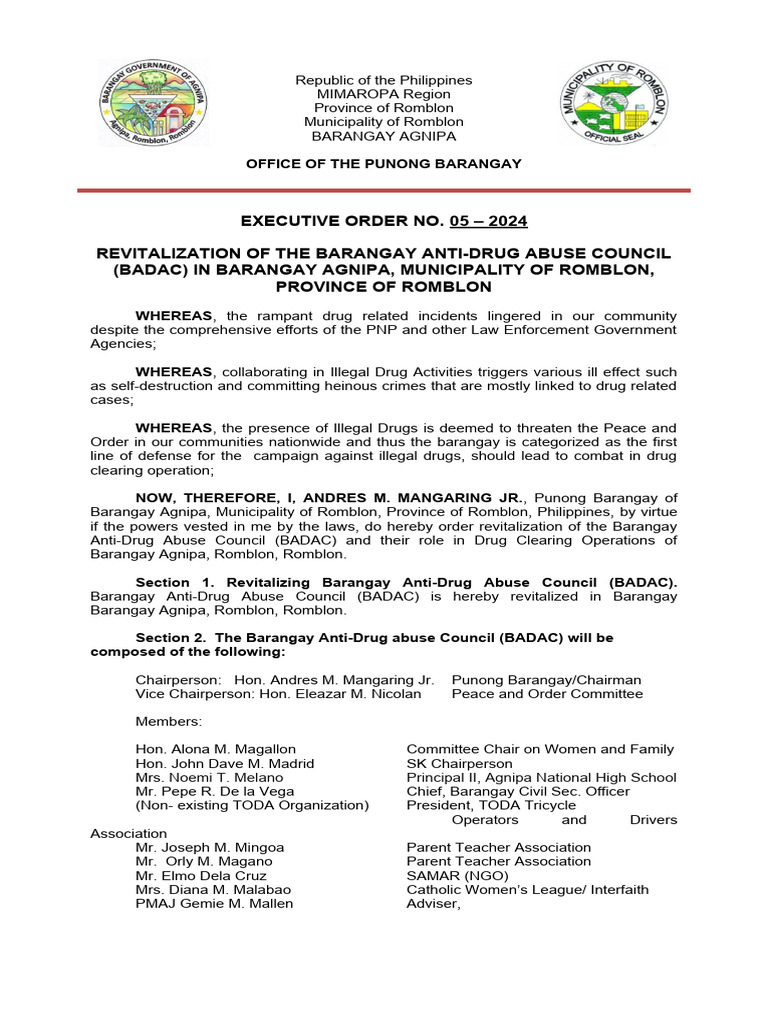 Eo No. 15. Revitalization of Badac | PDF | Substance Abuse | Social ...