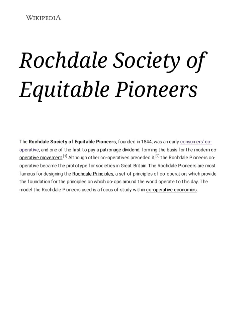 Rochdale Society of Equitable Pioneers - Wikipedia | PDF | Mutual ...