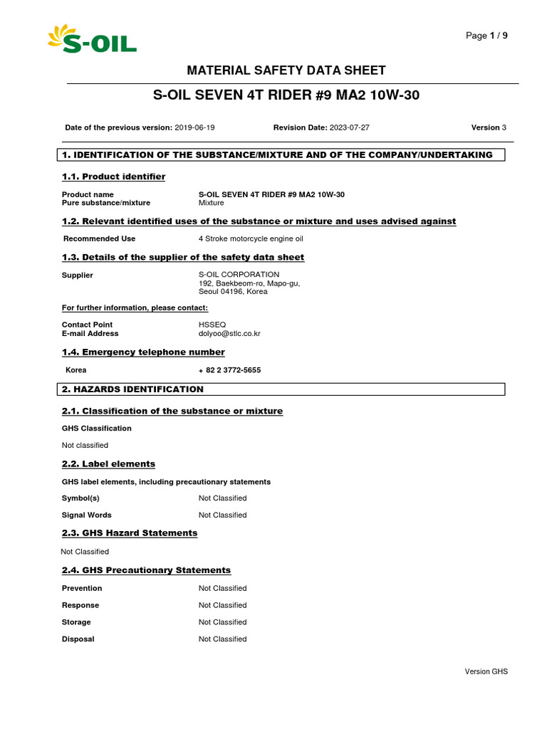 S-OIL SEVEN 4T RIDER #9 MA2 10W-30 MSDS | PDF | Toxicity | Waste Management