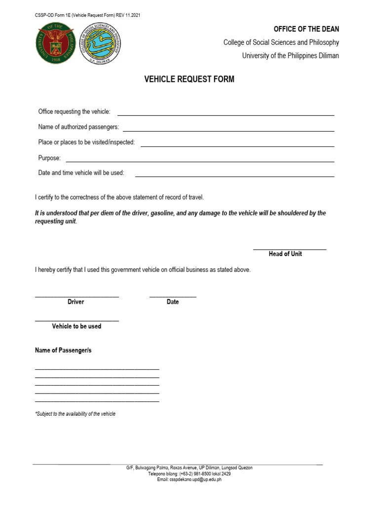 Revised Cssp Od Form 1e - Vehicle Request | PDF