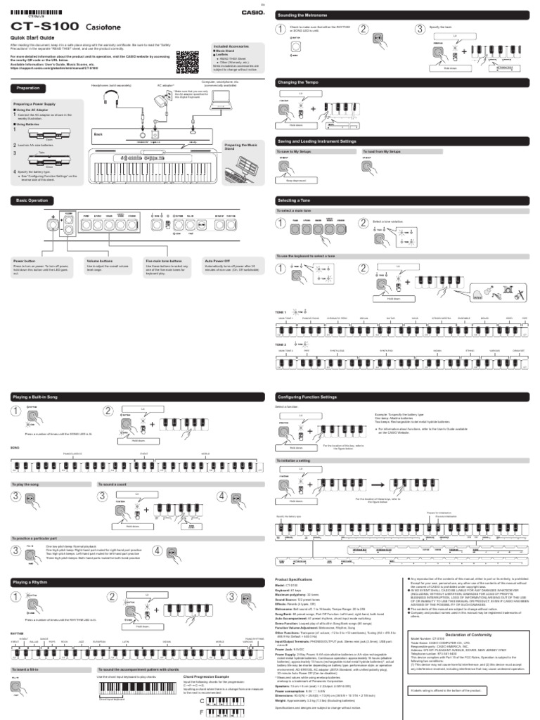 CTS100 Quickstartguide B EN | PDF | Rechargeable Battery | Piano