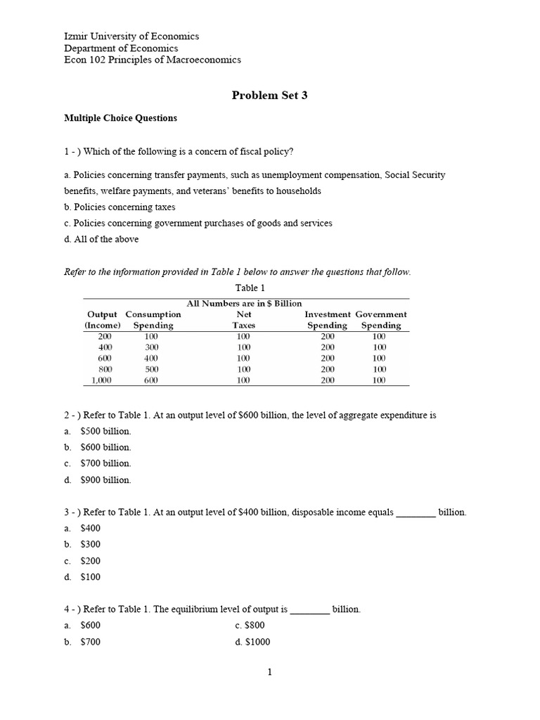Problem Set 3: Izmir University of Economics Department of Economics Econ 102 Principles of ...