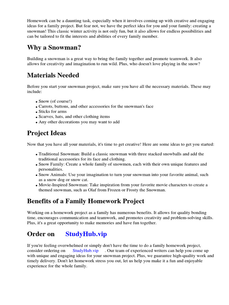 Family Homework Project Ideas Snowman | PDF