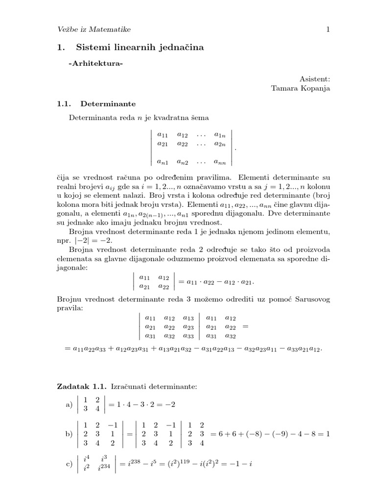 Vezbe Matrice Determinante Sistemi Jednacina | PDF