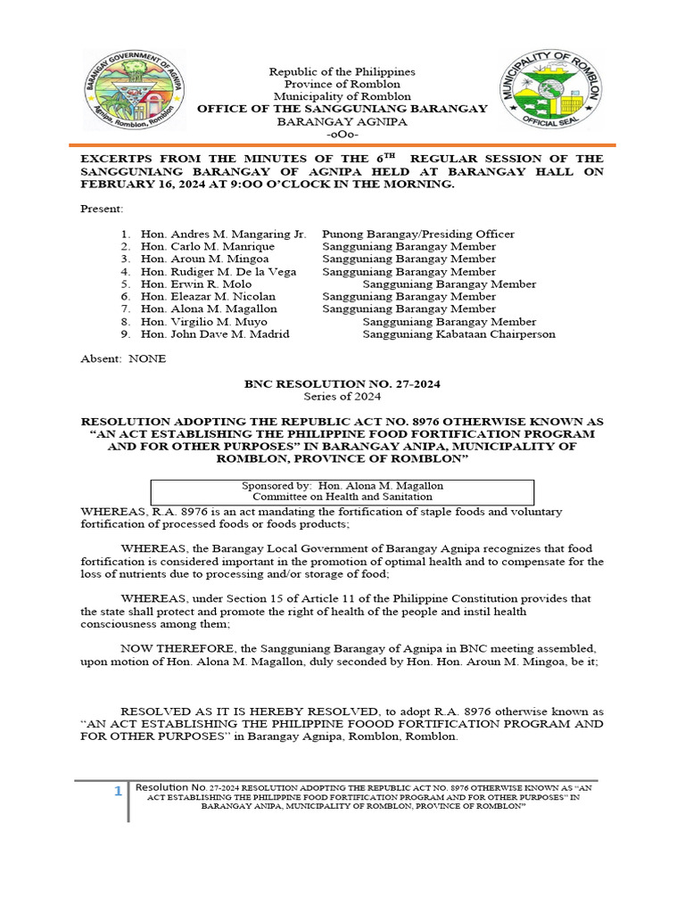 Resolution Adopting 8976 An Act Establishing Food Fortification | PDF ...