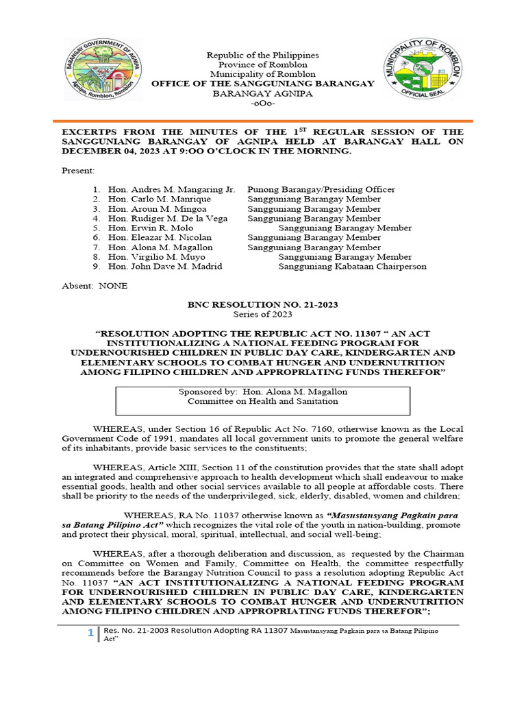 Resolution Adopting Republic Act No. 11037 An Act Institutionalizing A National Feeding Program ...