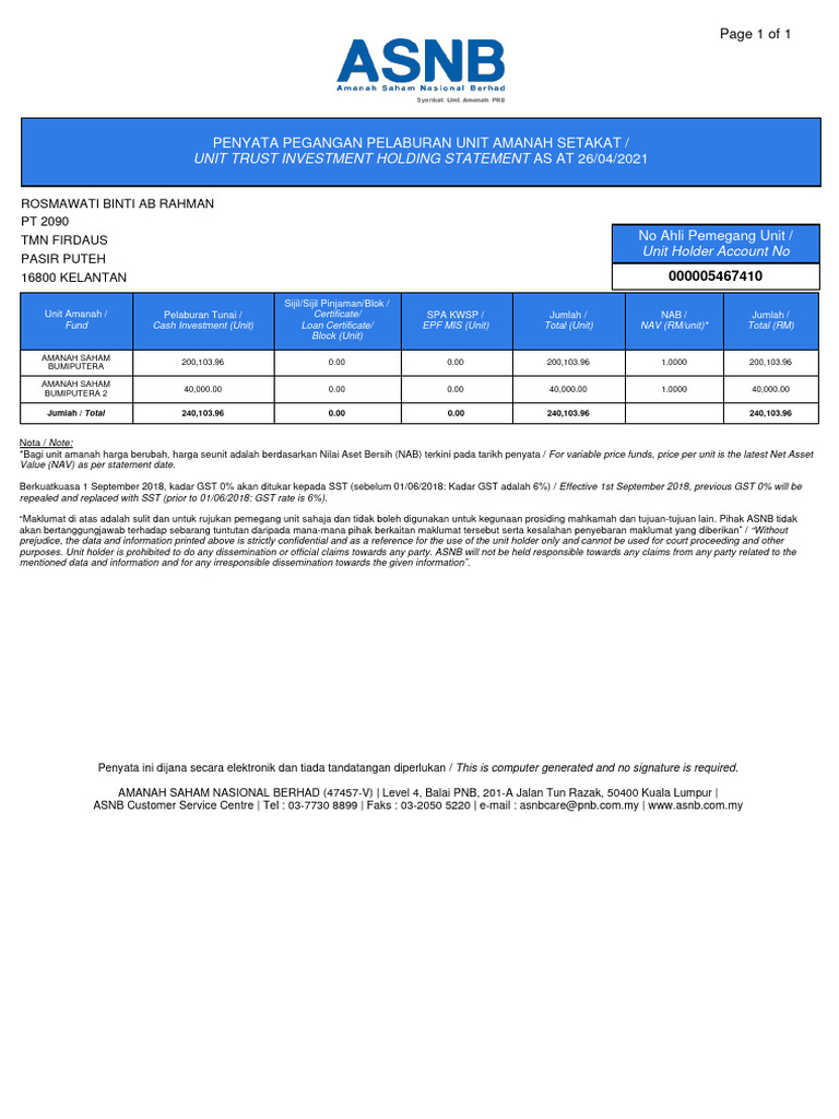 Unit Trust Investment Holding Statement As at 26/04/2021: Penyata ...