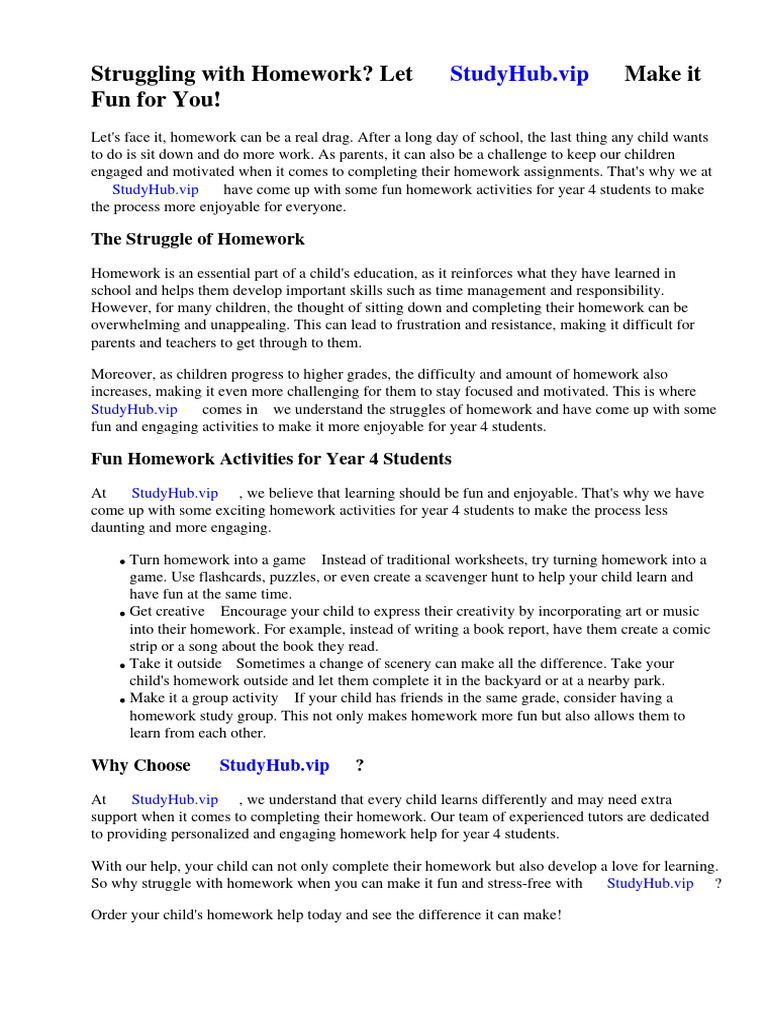 Fun Homework Activities Year 4 | PDF | Homework | Worksheet