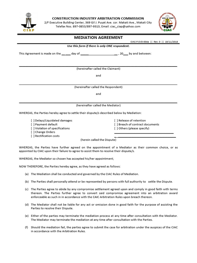 3 CIAC F SVD 004a Mediation Agreement One Respondent | PDF | Mediation ...