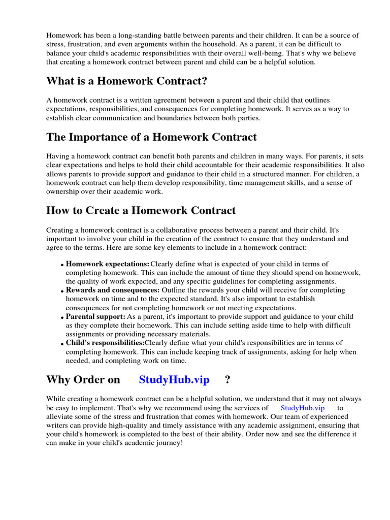Homework Contract Between Parent and Child | PDF | Homework | Preschool