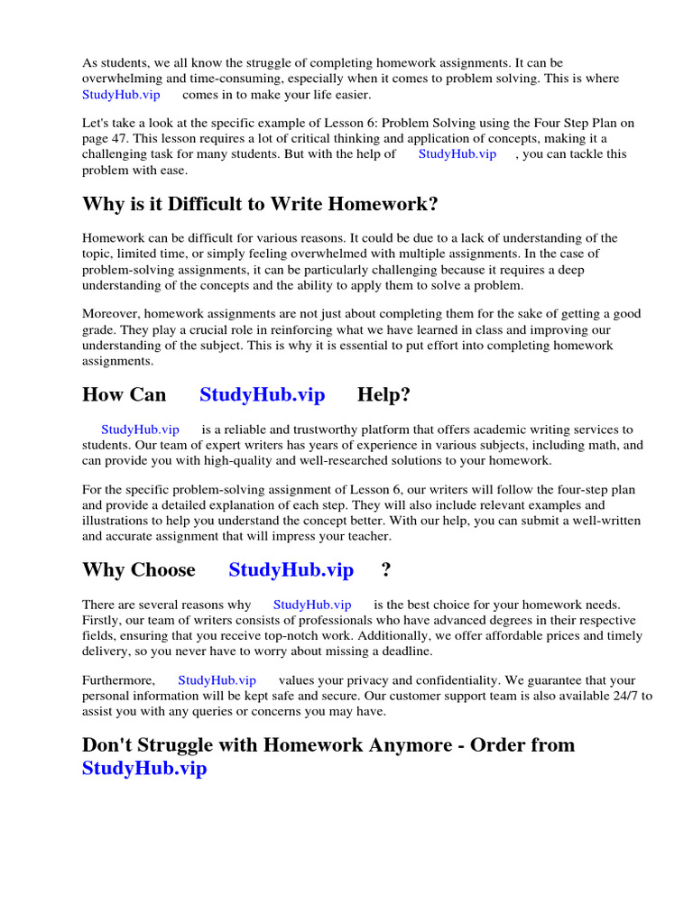 My Homework Lesson 6 Problem Solving Use The Four Step Plan Page 47 | PDF | Brainstorming ...