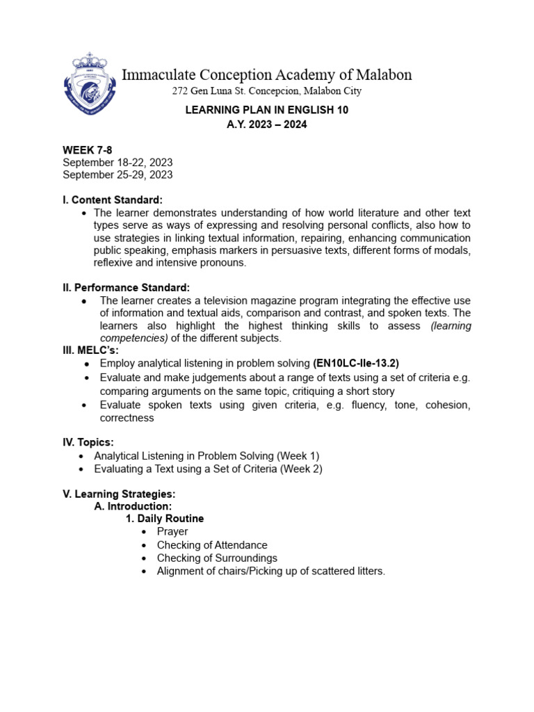 English 10 - Learning Plan Week 7-8 | PDF | Learning | English Language