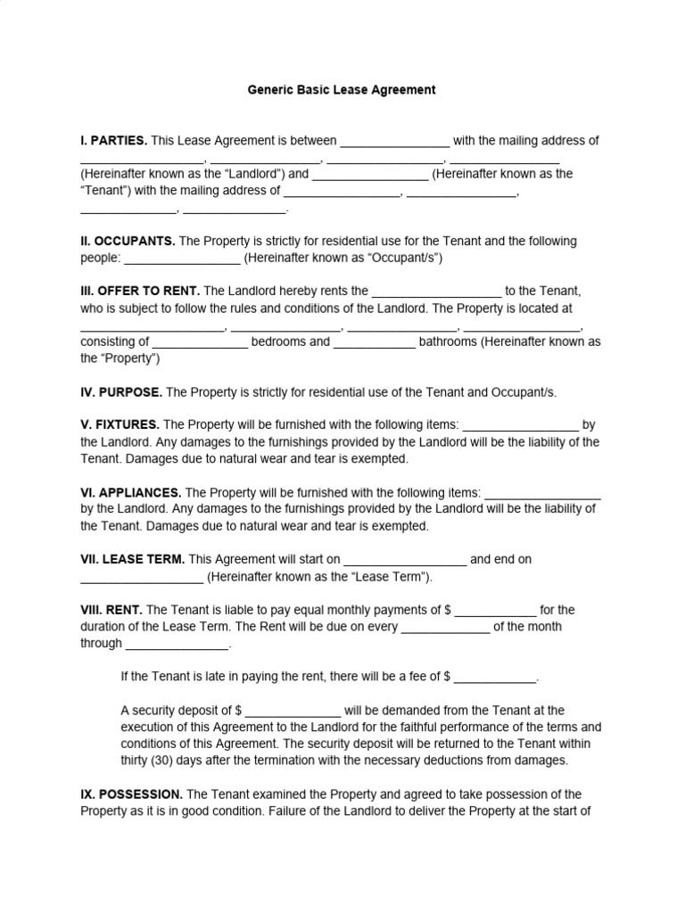 Generic Basic Lease Agreement | PDF | Leasehold Estate | Lease