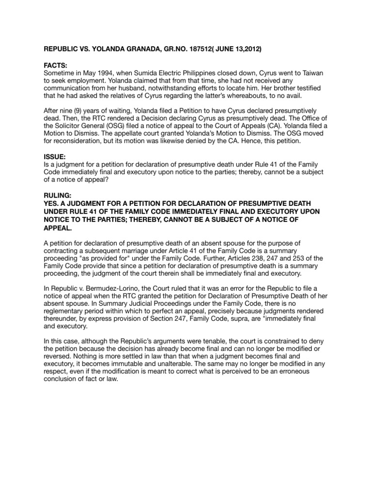 Presumptive Death Ruling in Family Law | PDF | Judgment (Law) | Appeal