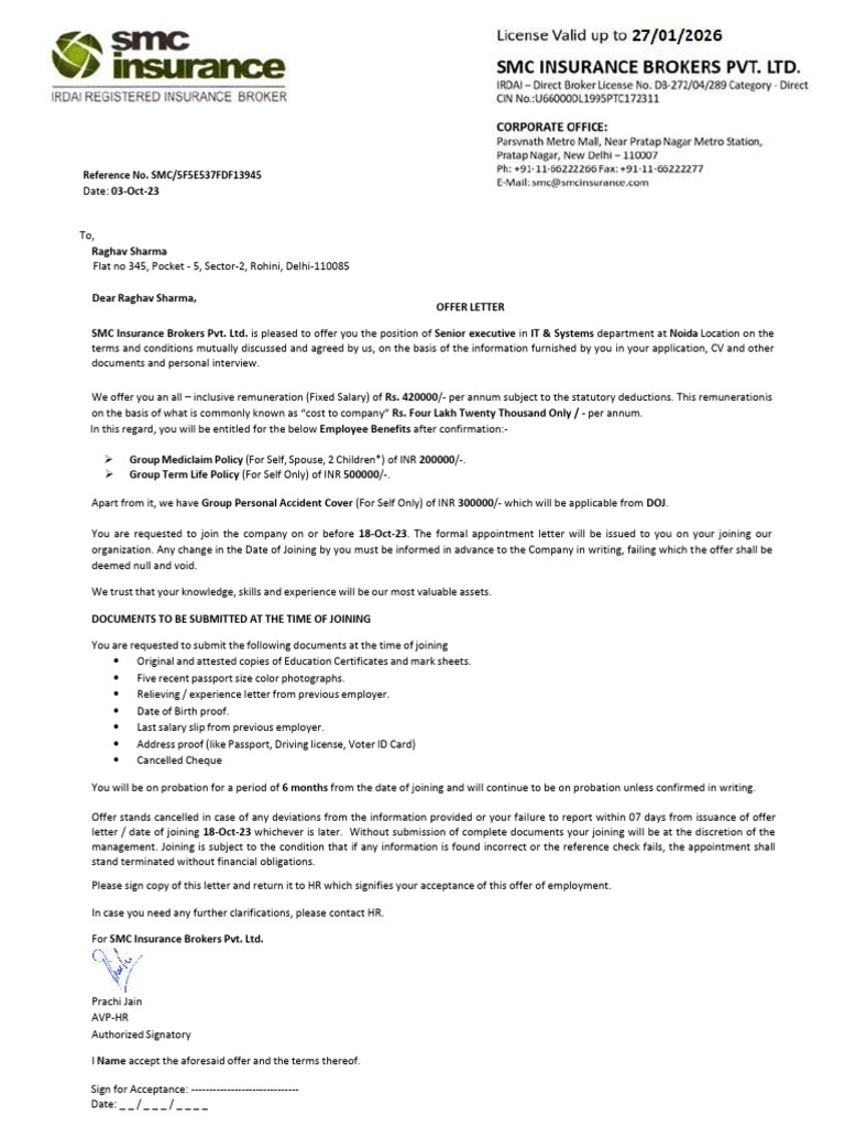 SMC Insurance Offer Letter for Raghav | PDF